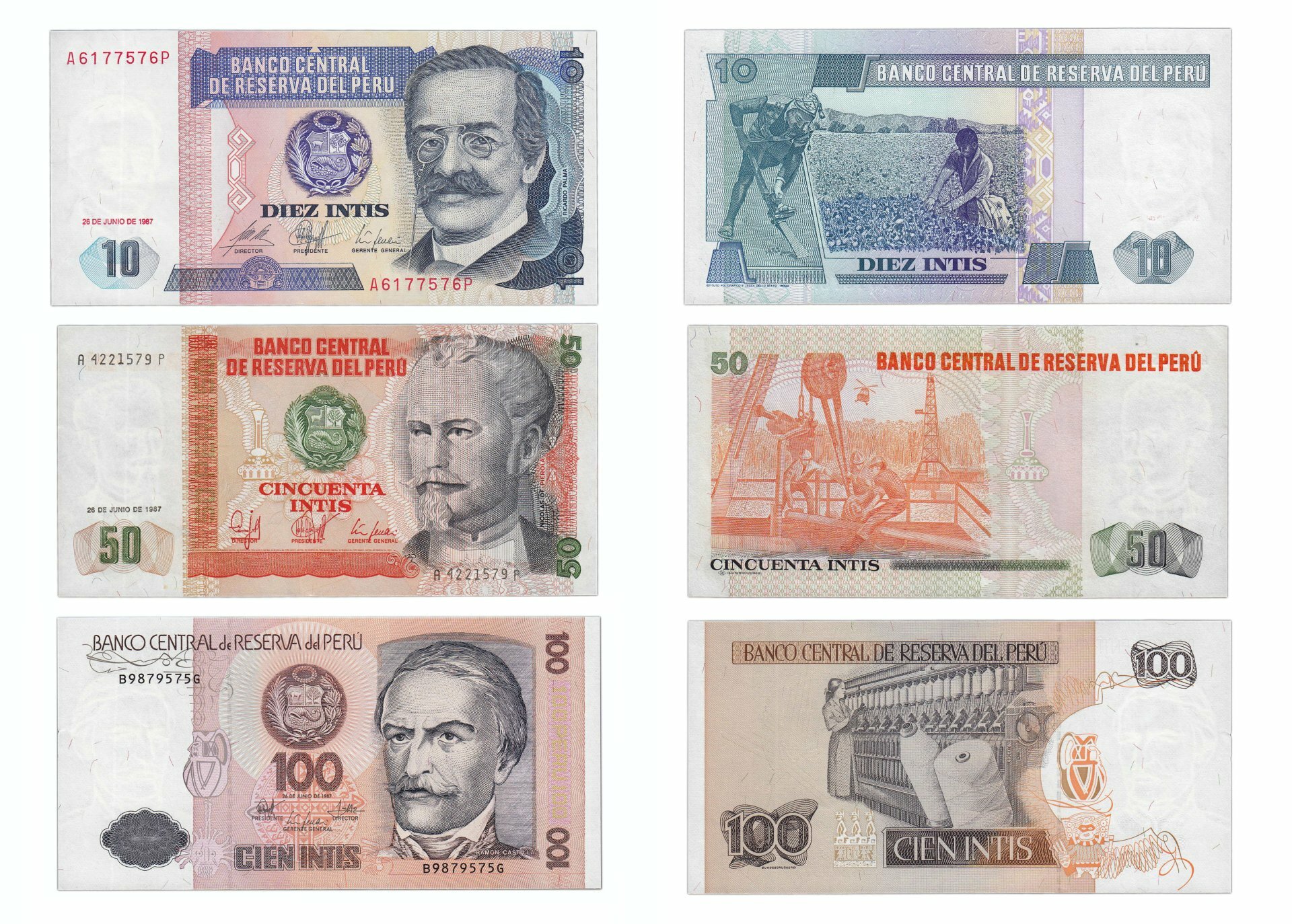 Перу - набор 10, 50, 100 инти 1987 год Pick 129,131,133