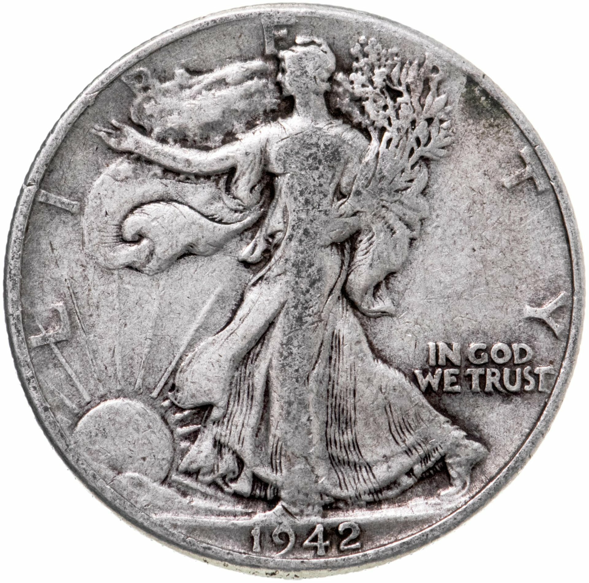 США 50 центов 1/2 доллара, half dollar 1942 "Walking Liberty Half Dollar", Серебро 900, в сохранности F-VF