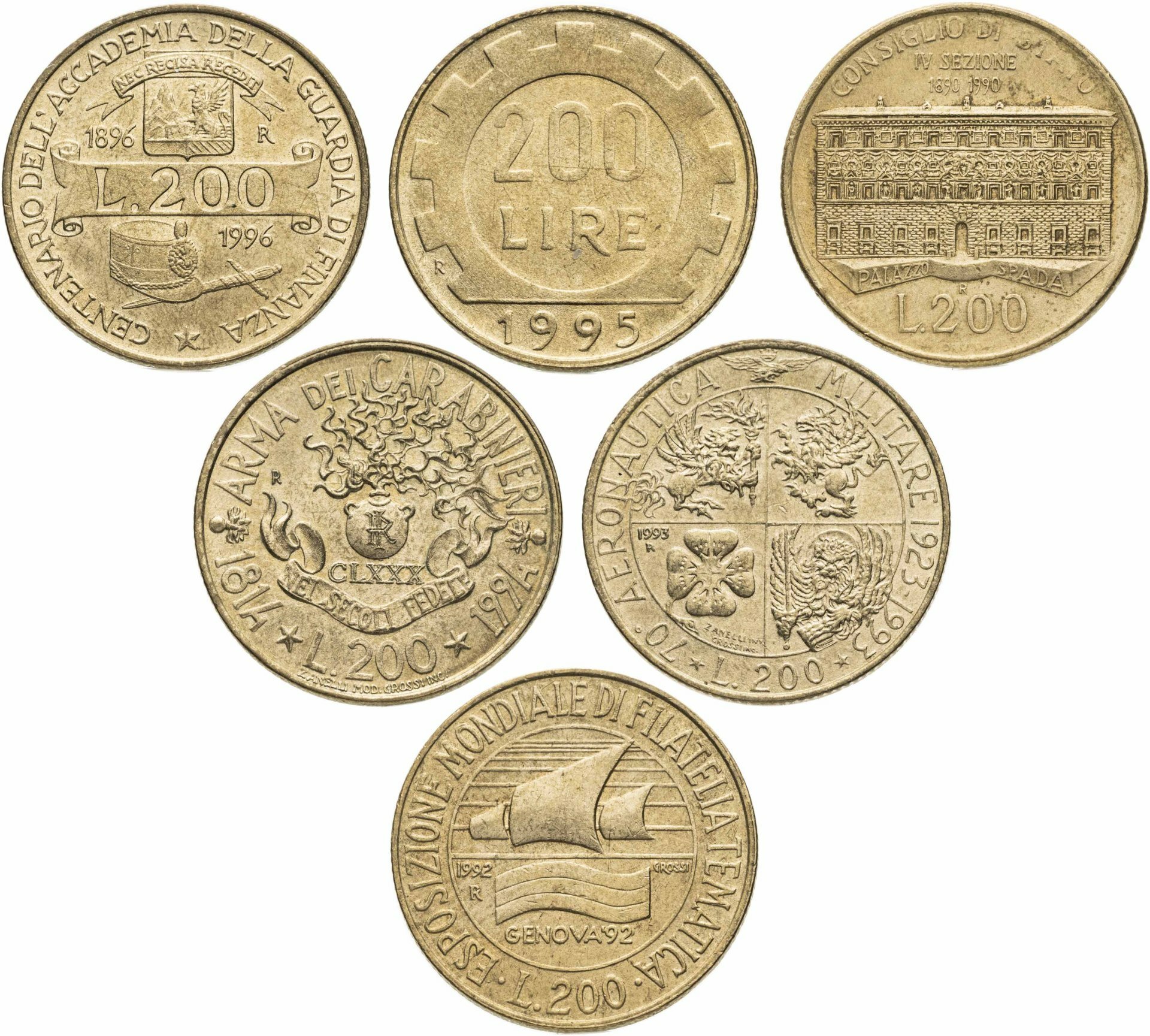 Италия набор 200 лир 1990-1996 6 монет, Латунь, в сохранности XF-AU