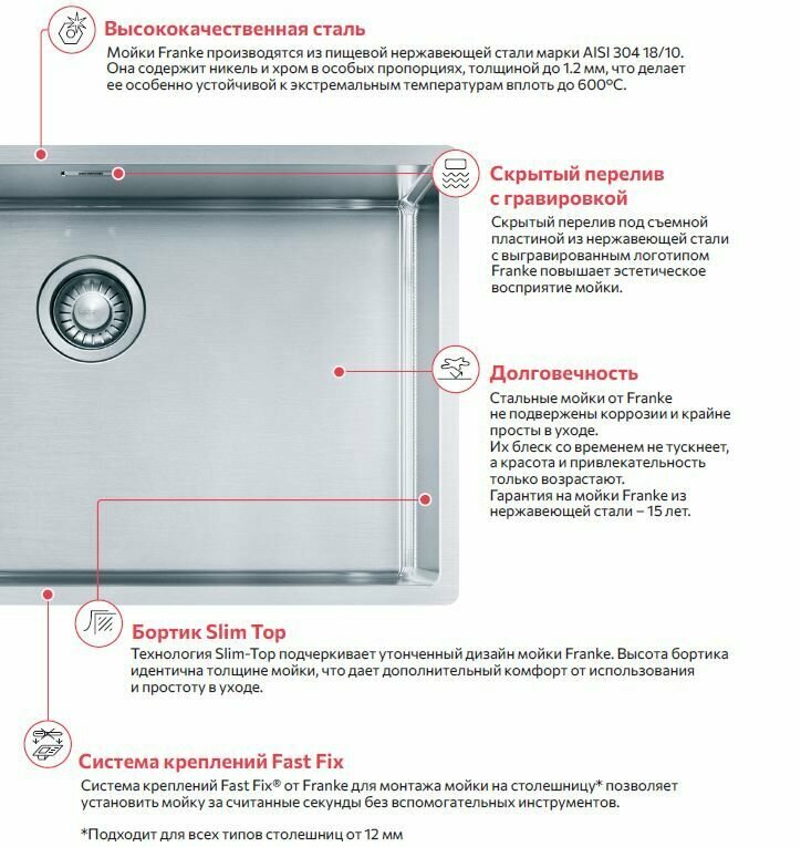 Franke BXX 210-45 мойка для кухни из нержавеющей стали AISI 304, 49х45 см, установка на столешницу и под столешницу, в комплекте стоп-вентиль и скрытый перелив — фото 1