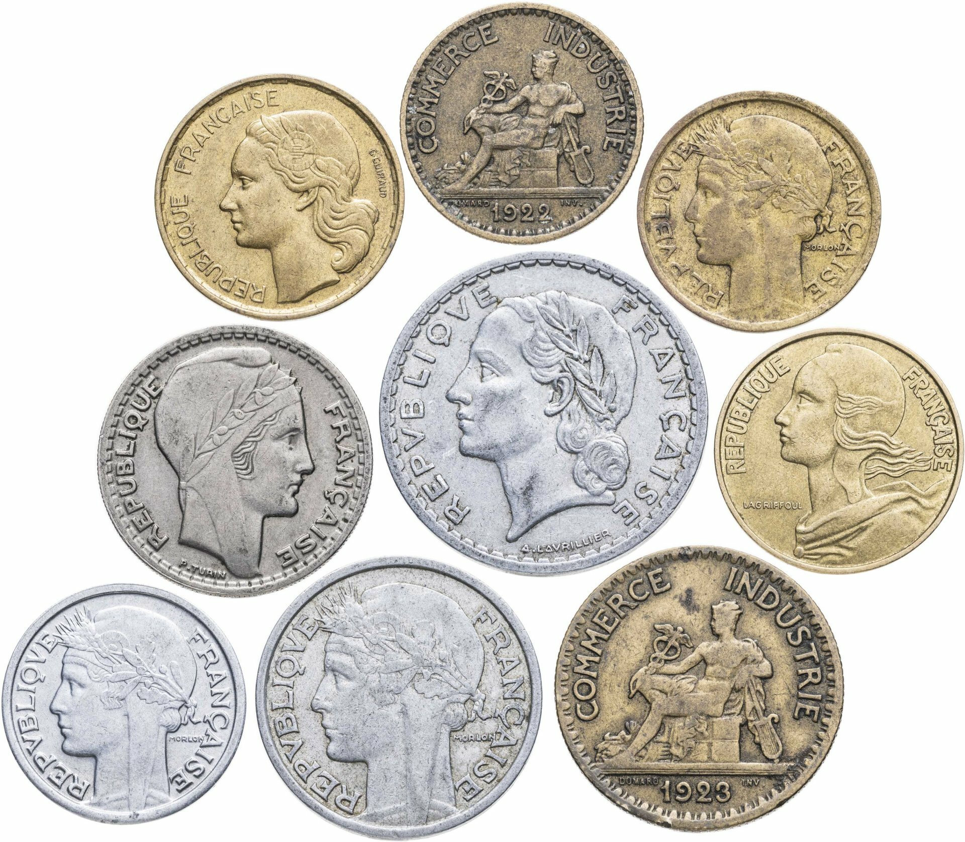 Франция набор и 9 монет 1, 2, 5, 10, 20 франков 1922-1967, Бронза, в сохранности VF-XF