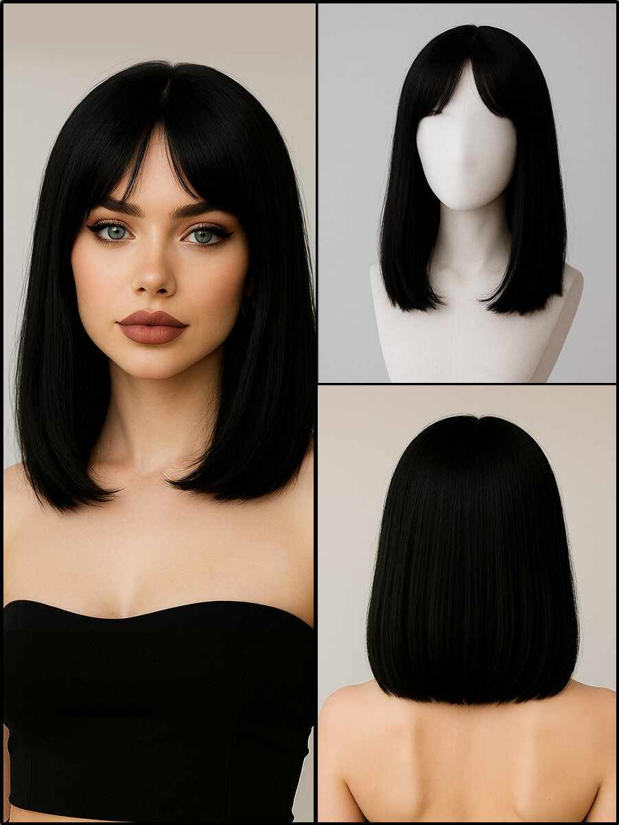 Женский парик HAIR COLLECTION имитация натуральных волос, прямые волосы, с челкой, черный каре, 40 см