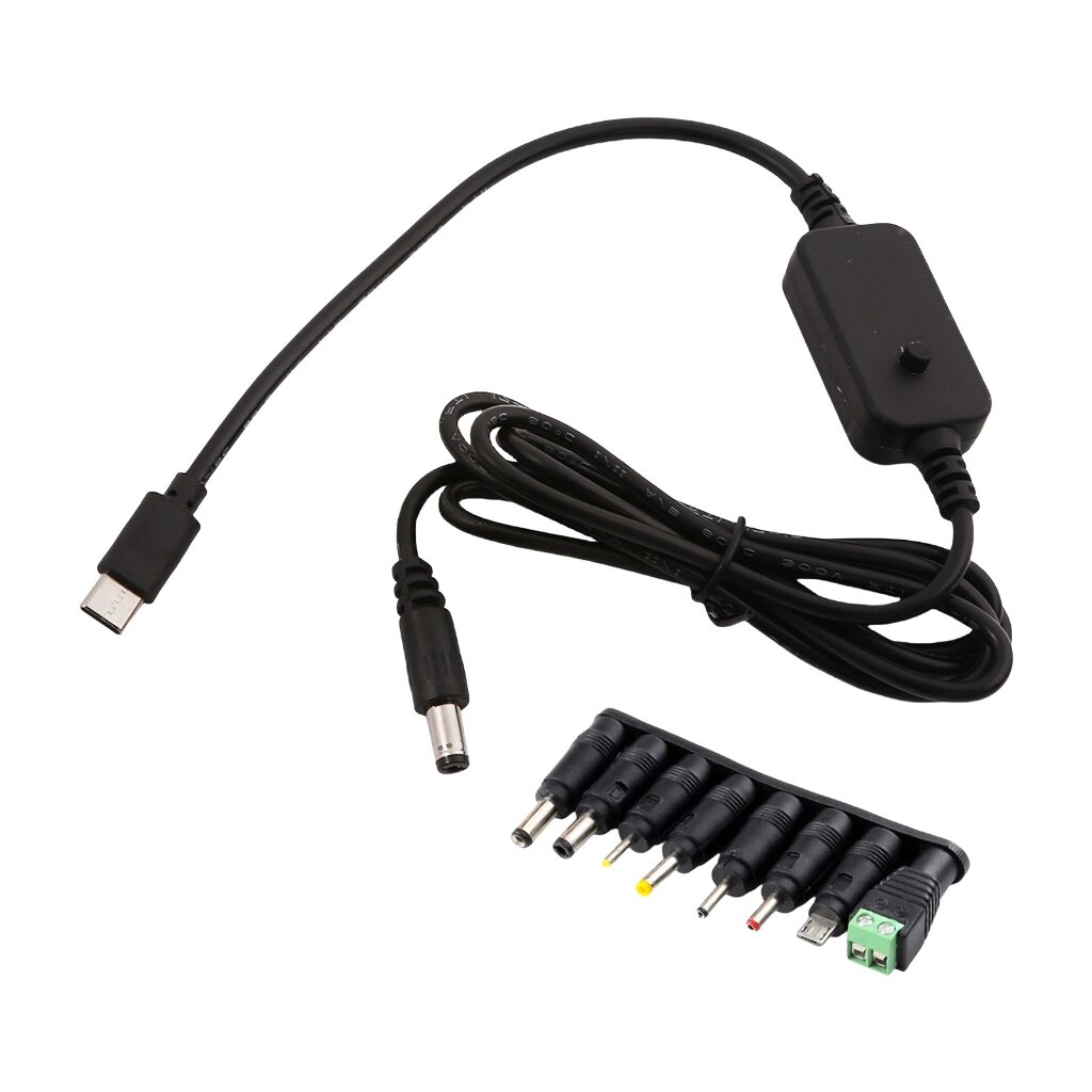 Кабель USB C на DC5521 с регулируемым напряжением, 8 адаптерами и цифровым дисплеем