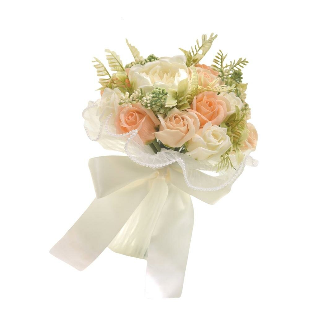 Букет невесты ручной работы из искусственных роз и пионов белого, оранжевого и шампанского цветов, Корейские фанаты