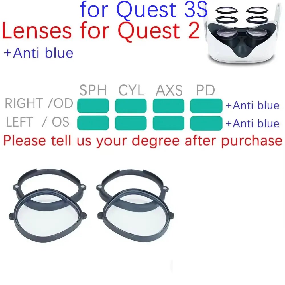 Линзы для VR очков RCNZMT для Oculus Quest 2/Quest 3S/Quest 3/PICO 4/PS VR2 Quest 2 3S Anti blue