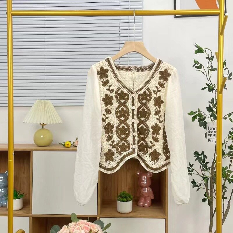 Французский стиль женская блузка весна новый нишевый дизайн ажурная вязаная лоскутная шифоновая блузка с длинным рукавом нерегулярного кроя для женщин