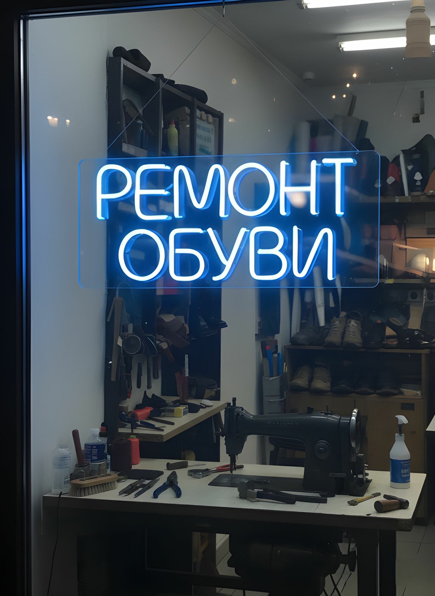 Неоновая вывеска "Ремонт обуви" 60х25 см, неоновая надпись, LED светильник для мастерской реомнта обуви