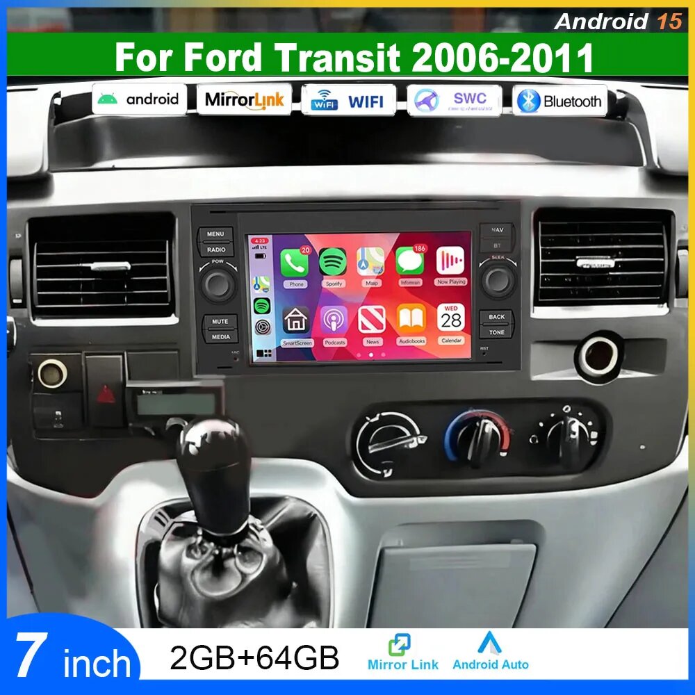 2 + 64G Android 15 Автомобильная стереосистема 7 дюймов для Ford Transit 2006-2011 Подходит для Carplay Android Auto с GPS WiFi Bluetooth FM SWC