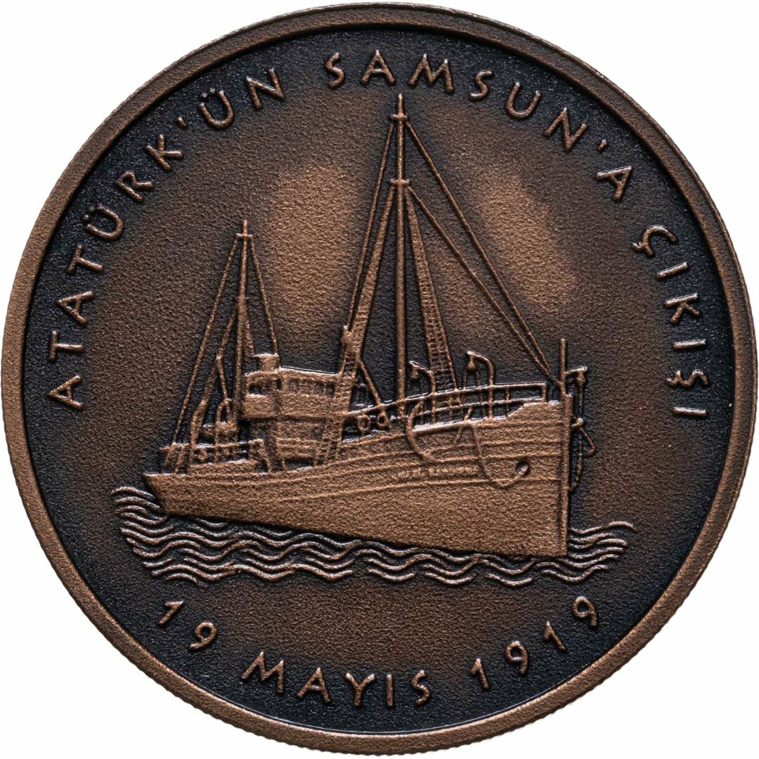 Турция 2½ лиры 2,5 лиры 2019 "100 лет отплытию Кемаля Ататюрка в Самсун Корабль Самсон" с сертификатом, Бронза, в сохранности UNC