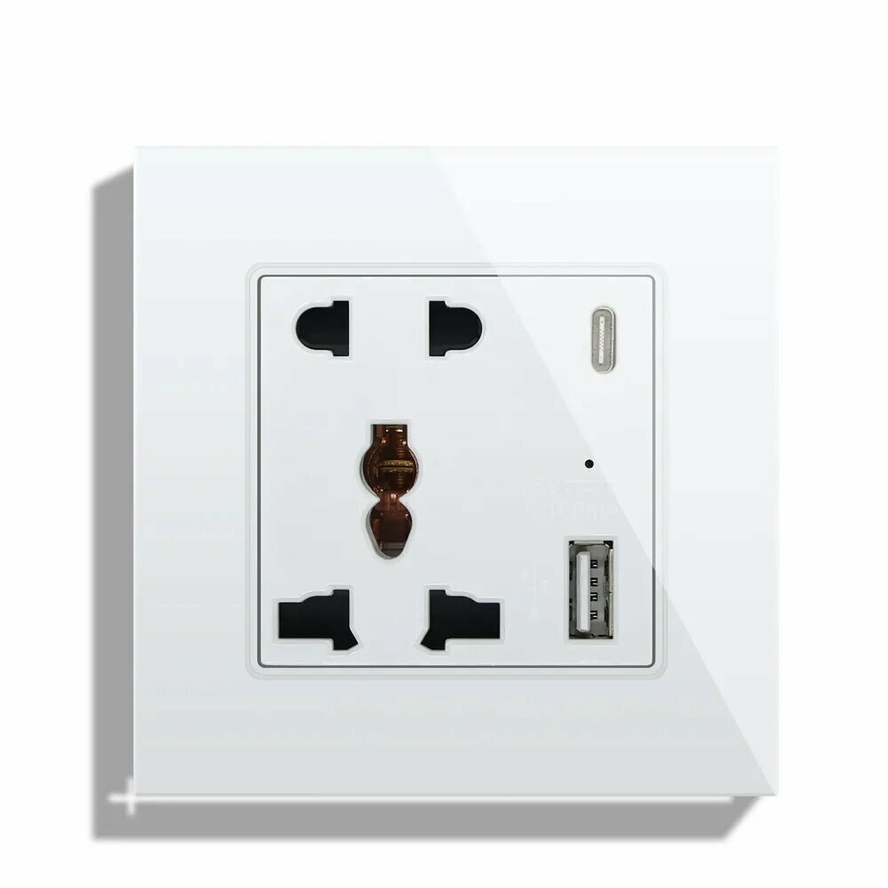5 Pin Universal Wall Socket, с USB C & USB A, Многофункциональный, Применимый для более чем 180 стран Тип разъема, Стеклянная панель