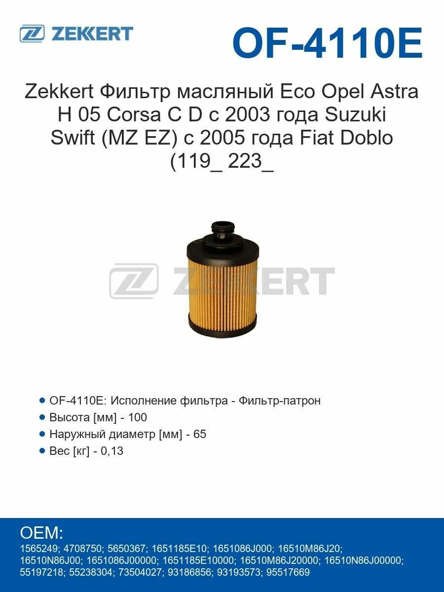 Zekkert Фильтр масляный Eco Opel Astra H 05 Corsa C D с 2003 года Suzuki Swift (MZ EZ) с 2005 года Fiat Doblo (119_ 223_