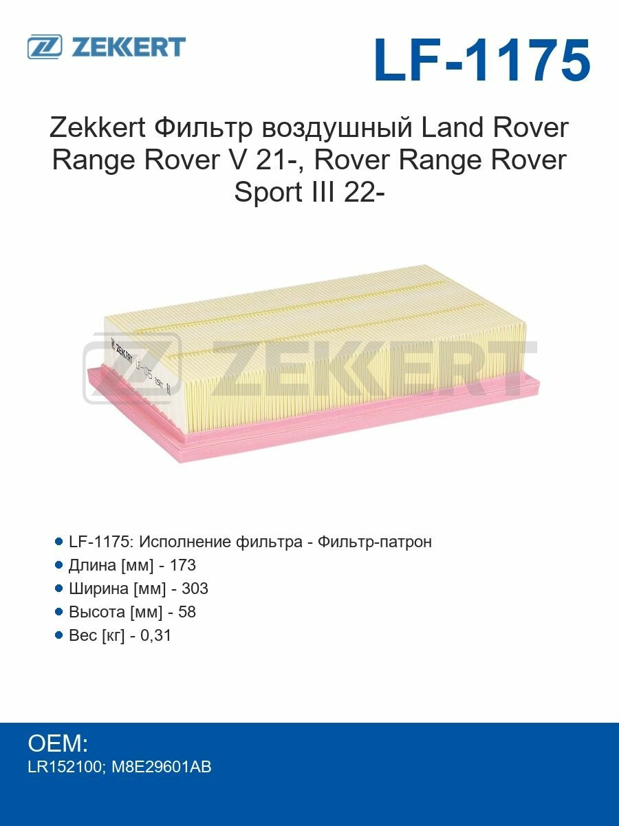 Zekkert Фильтр воздушный Land Rover Range Rover V 21-, Rover Range Rover Sport III 22-