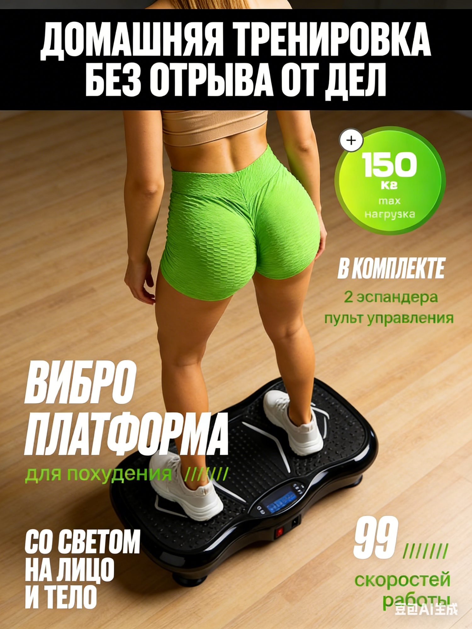 Виброплатформа для похудения, тренажёр для занятий дома, 99 скоростей, эспандеры 2 шт, черный с Bluetooth