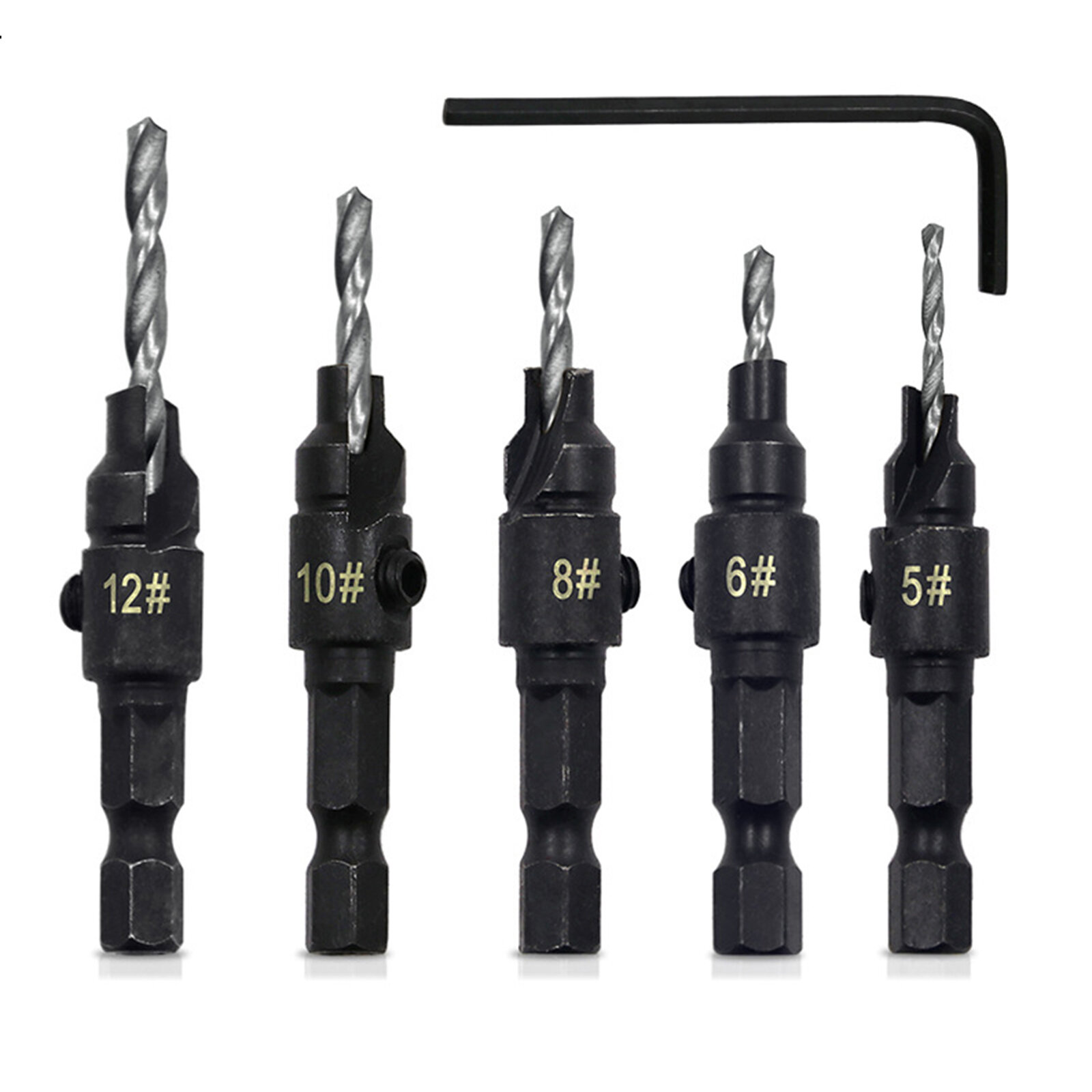 Набор сверл-коронок для зенковки, 5 шт, быстрорежущая сталь, с 1 шестигранным ключом, шестигранное хвостовище 1/4 дюйма, для столярных работ