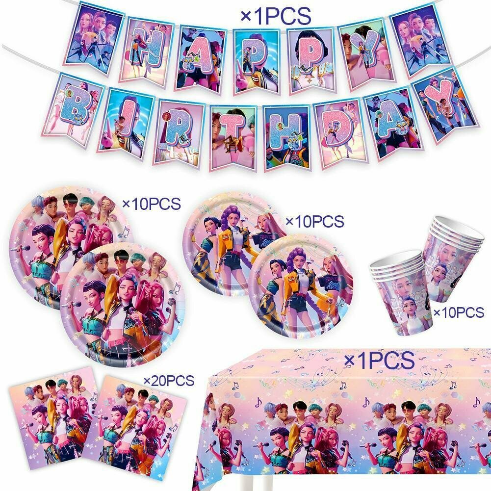KPop Demon Hunters Theme Birthday Party Decorations Set Tablecloth Plate Cup Balloon Cake V0O1
