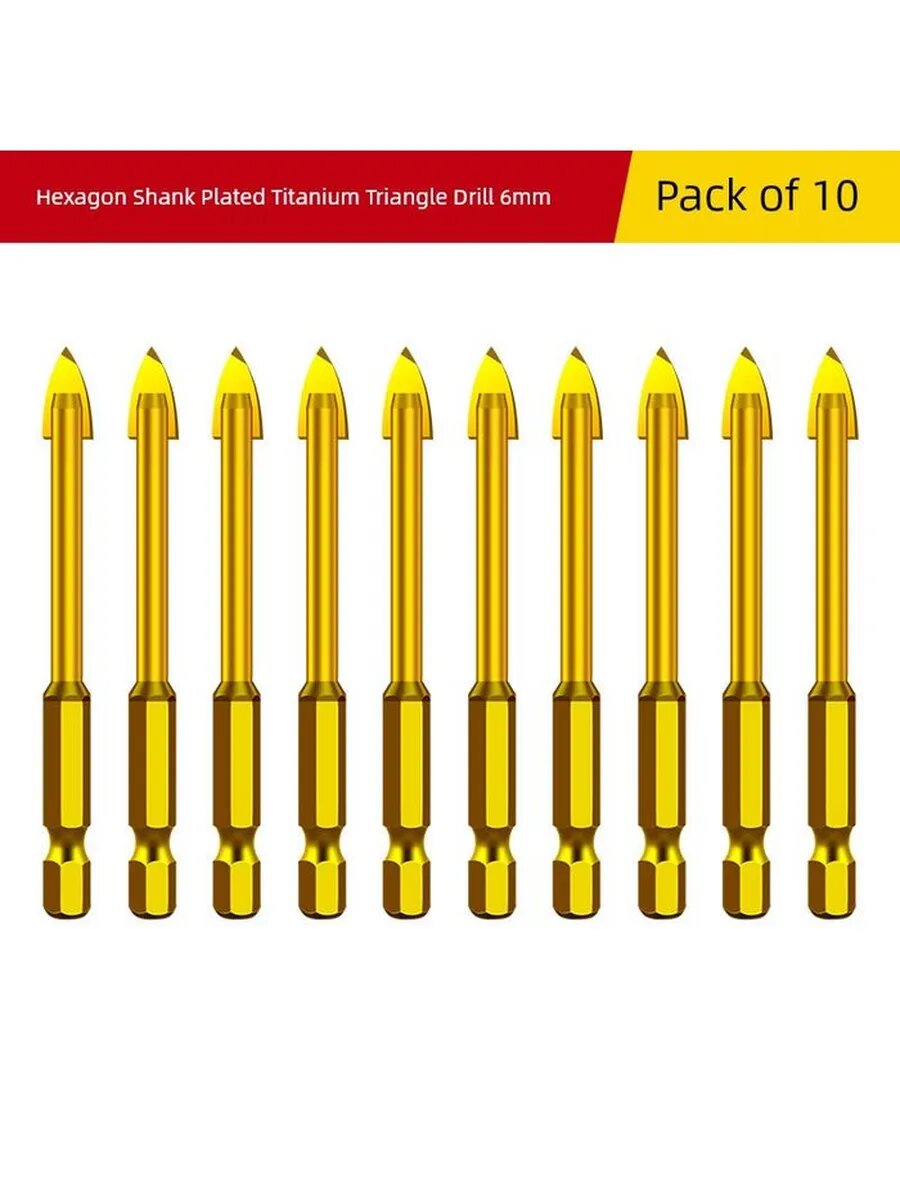 Сверло треугольное титановое 6мм, 10шт, шестигранная ручка