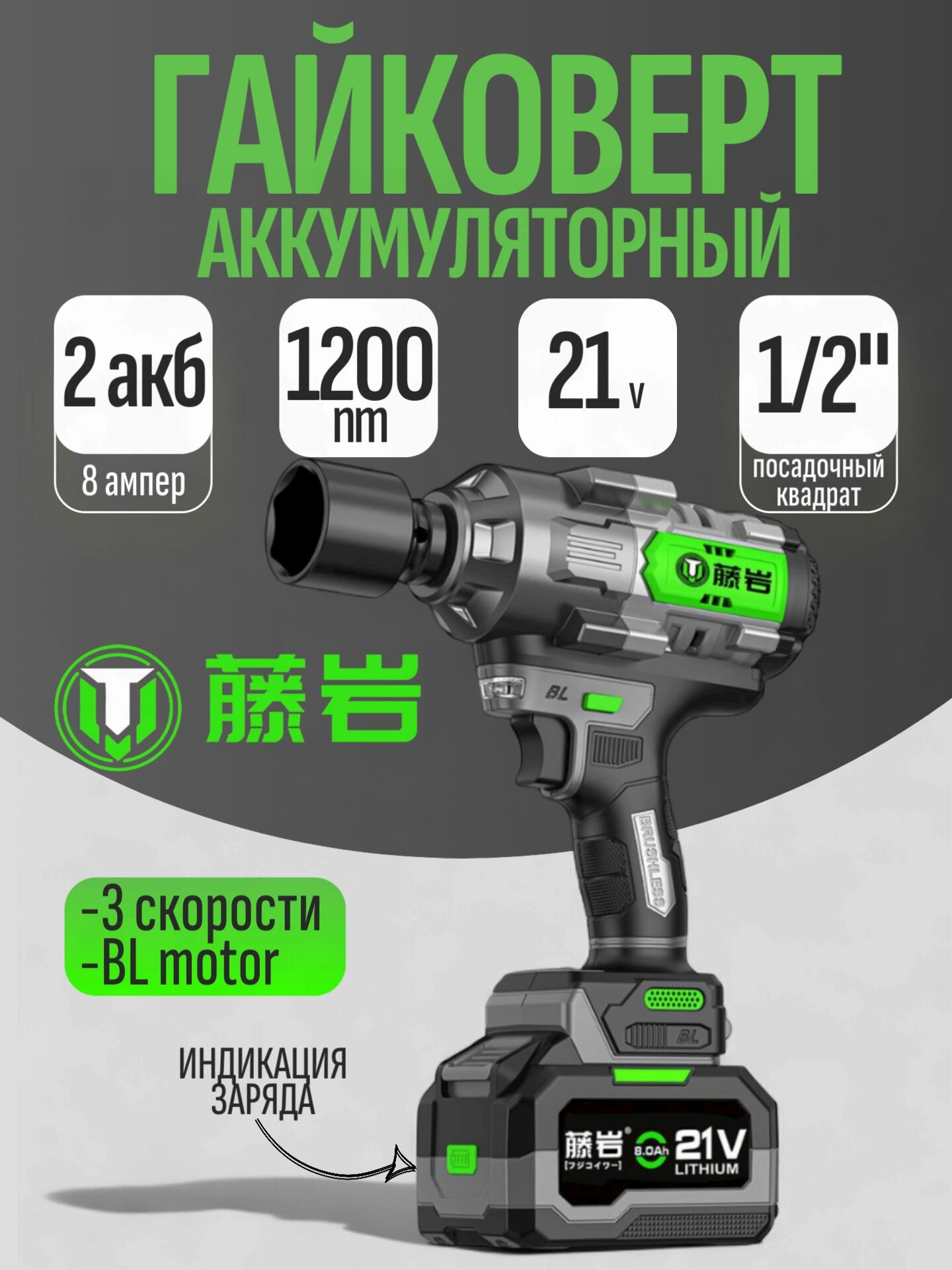 Гайковерт 1200nm. TENYN аккумуляторный в кейсе 2 акб 8ah