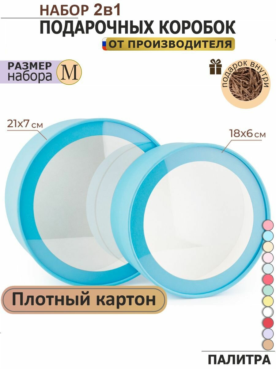 Круглая подарочная коробка с прозрачным окном с наполнителем для зефира и подарка, 2в1, голубая, набор 2шт: 21х7см - 1шт, 18х6см - 1шт