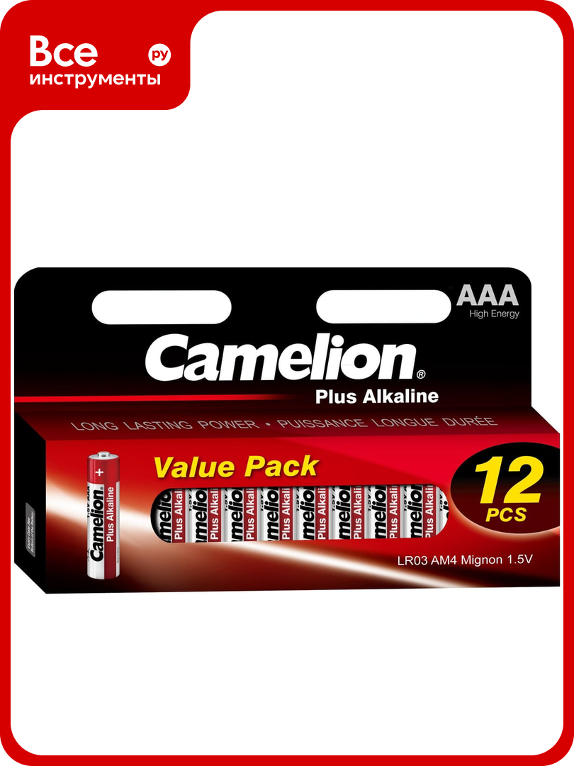 Батарейка Camelion LR03 Plus Alkaline BLOCK-12 LR03-HP12, щелочная мизинчиковая AAA, широкий температурный