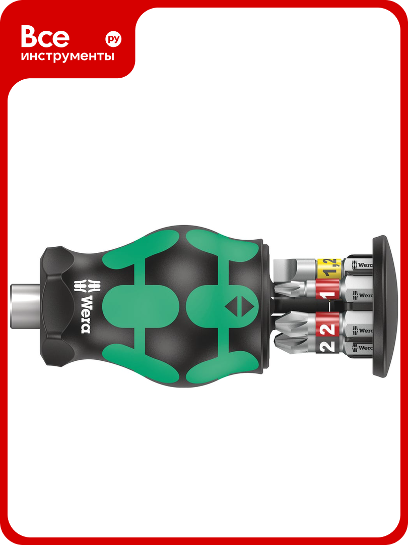 Короткая ручка‑битодержатель с битами Wera, WE-008874, пластиковый корпус, магнитный держатель, набор бит