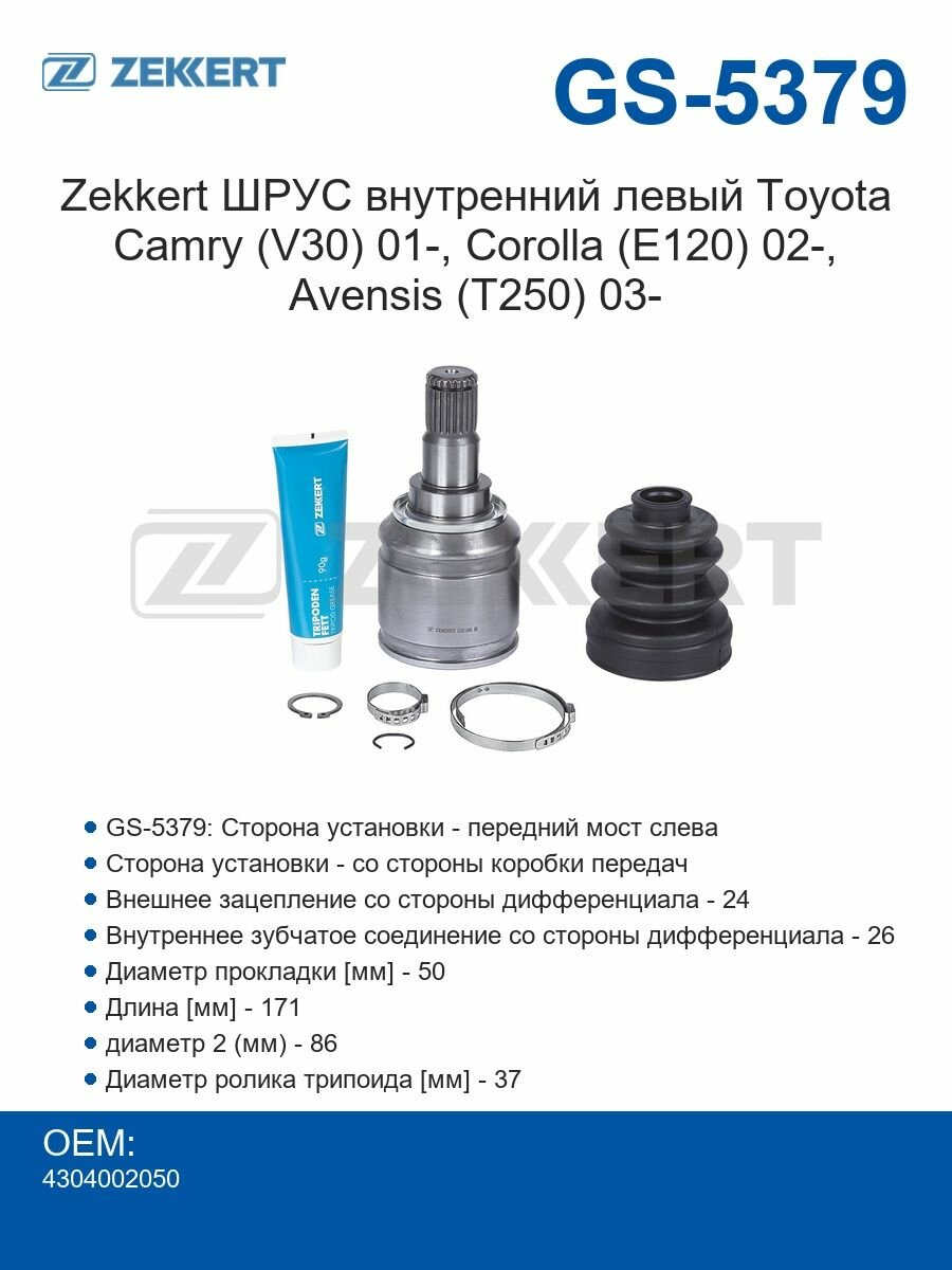 Zekkert ШРУС внутренний левый Toyota Camry (V30) 01-, Corolla (E120) 02-, Avensis (T250) 03-