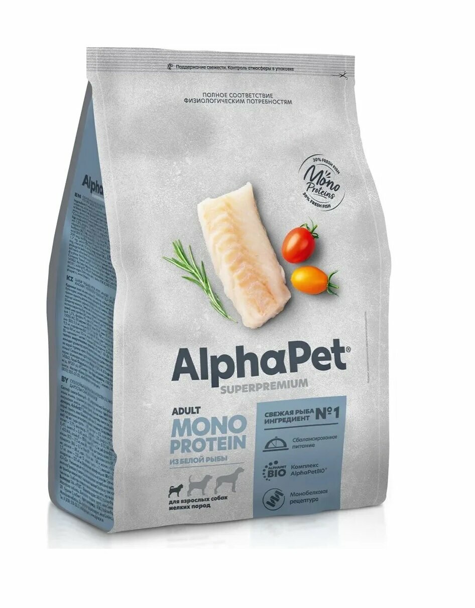 AlphaPet Monoprotein корм для собак малых пород, из белой рыбы 1,5 кг