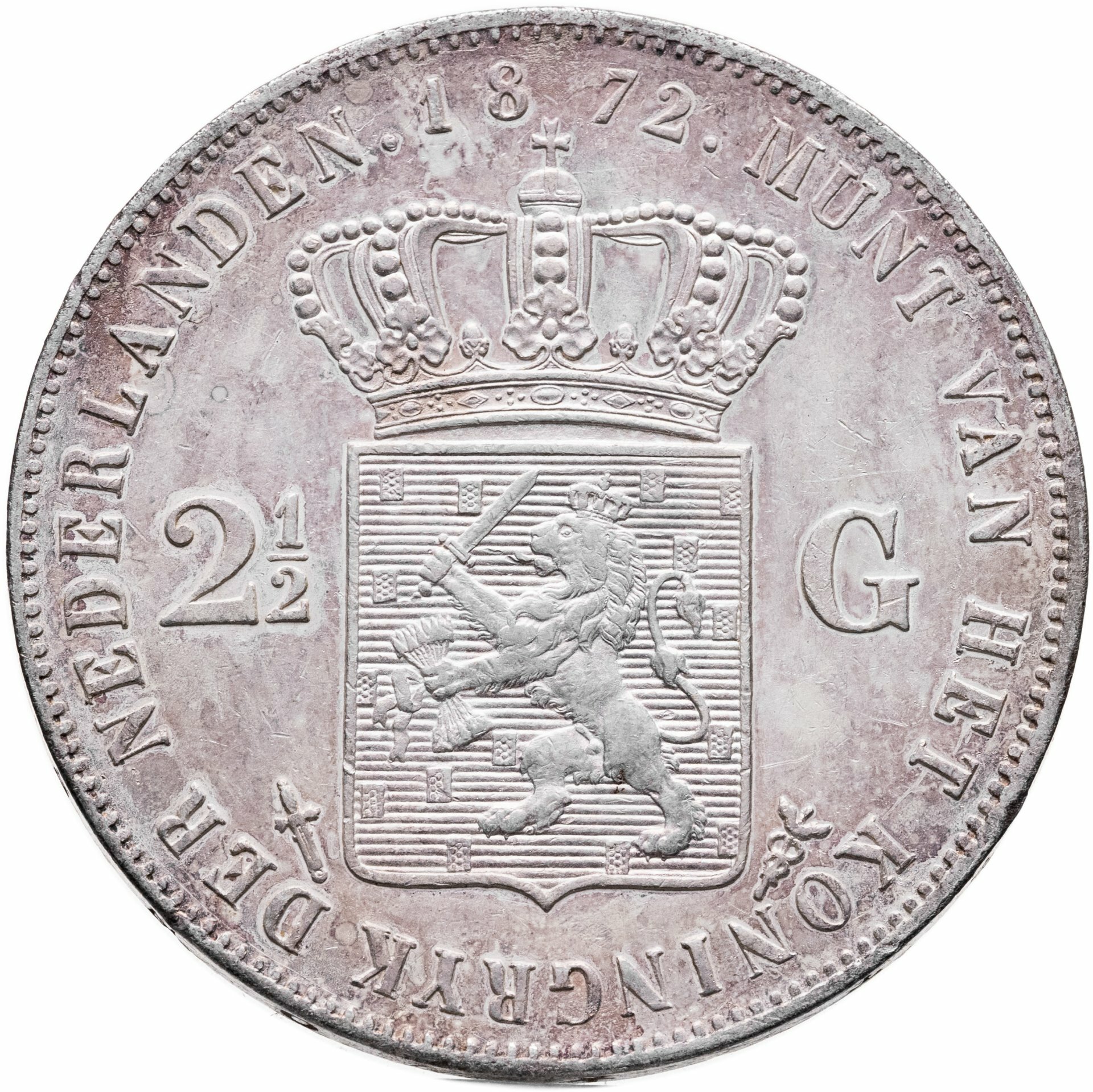 Нидерланды 2 1/2 гульдена gulden 1872, Серебро 945, в сохранности XF