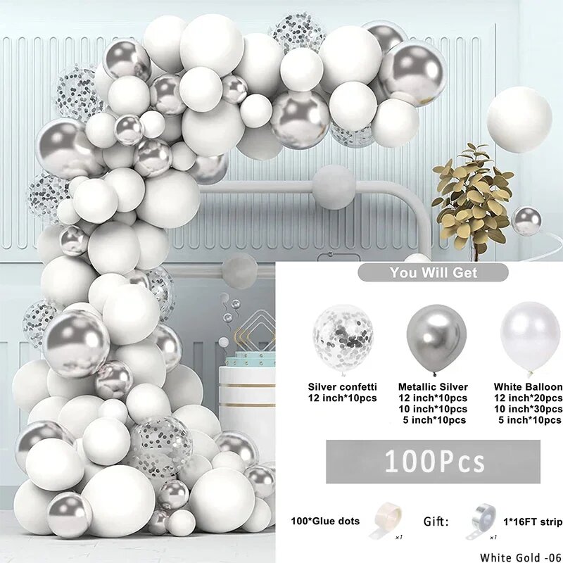 Арка из шаров белая и серебристая White Gold Series-06