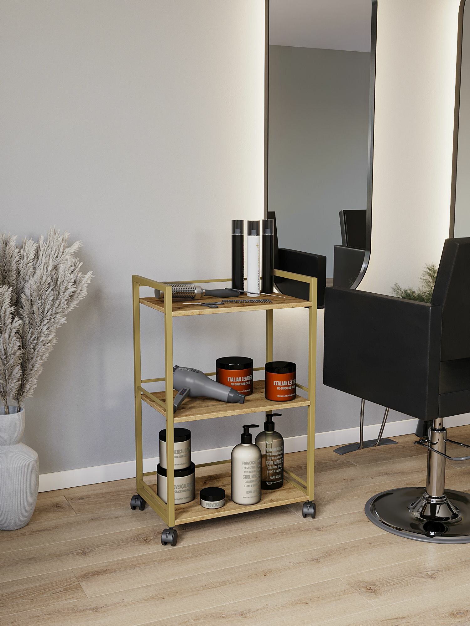 Этажерка косметологическая для мастера подкатная на колесиках золото/вотан