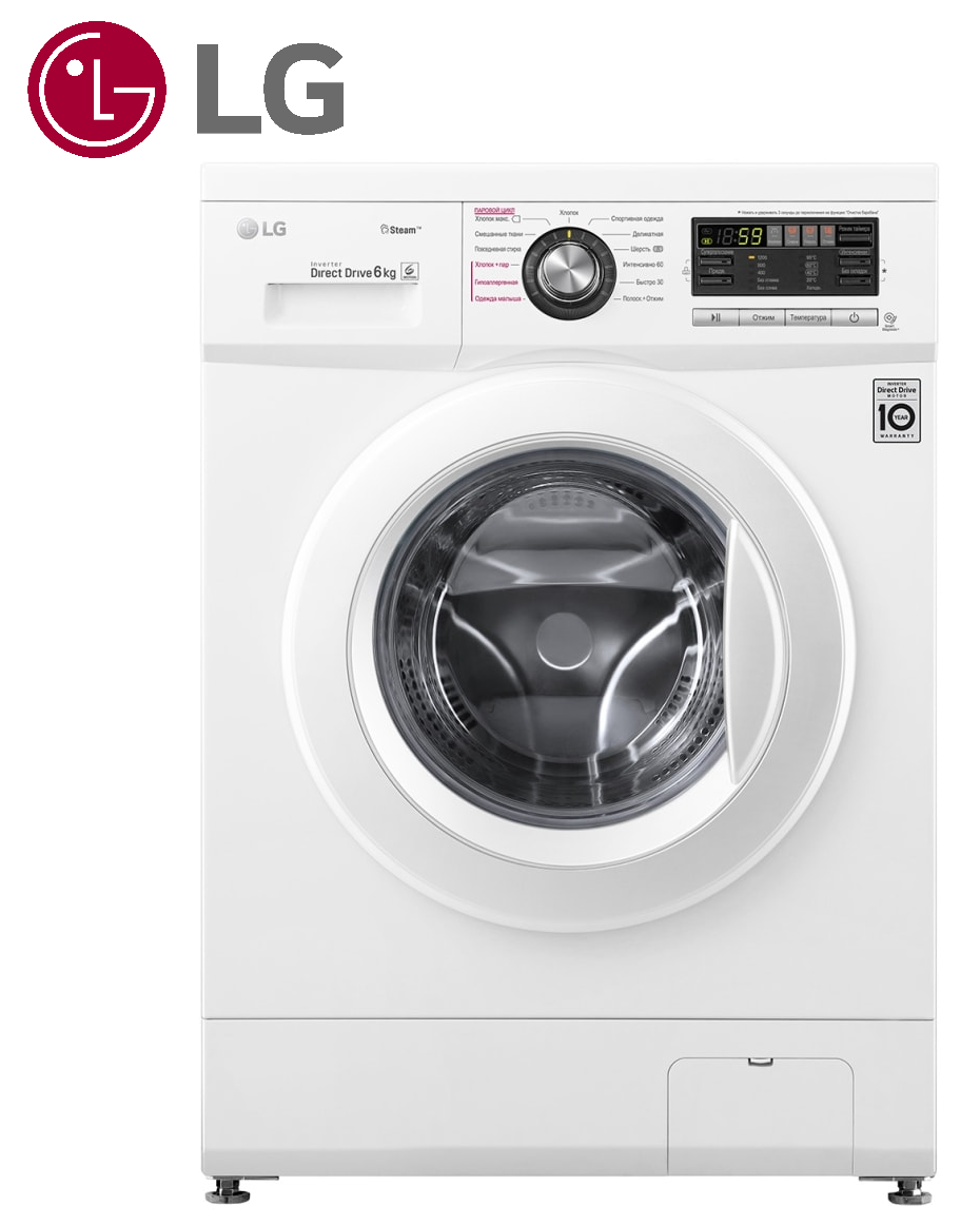 Стиральная машина LG F1296NDS0, узкая, загрузка 6 кг, с паром, инверторный двигатель с прямым приводом, белая