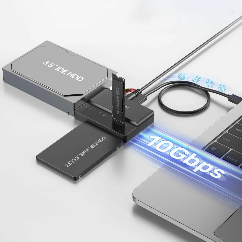 USB-C 10 Гбит/с 3-в-1 адаптер для SSD и HDD, M.2 NVMe, SATA, IDE накопителей, поддержка UASP TRIM, установка без инструментов для Windows, Mac и Linux
