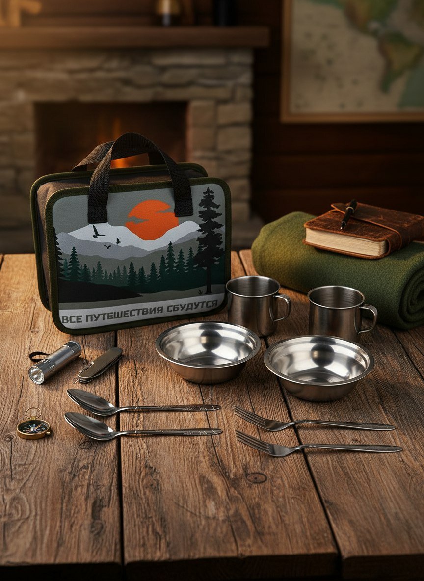 Подарочный набор посуды HEADBOX "Походный", для рыбалки, пикника, 10 предметов