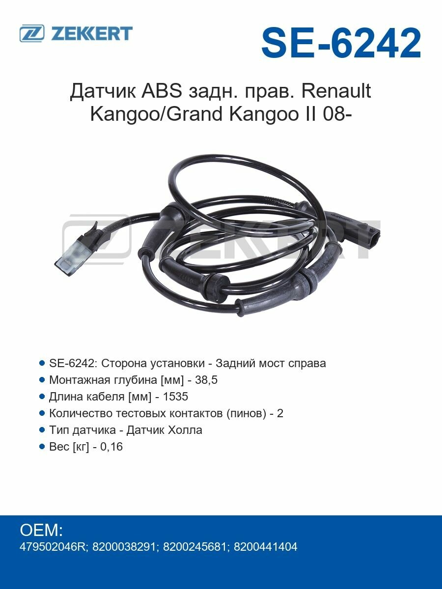 Zekkert Датчик ABS задний правый Renault Kangoo/Grand Kangoo II с 2008 года