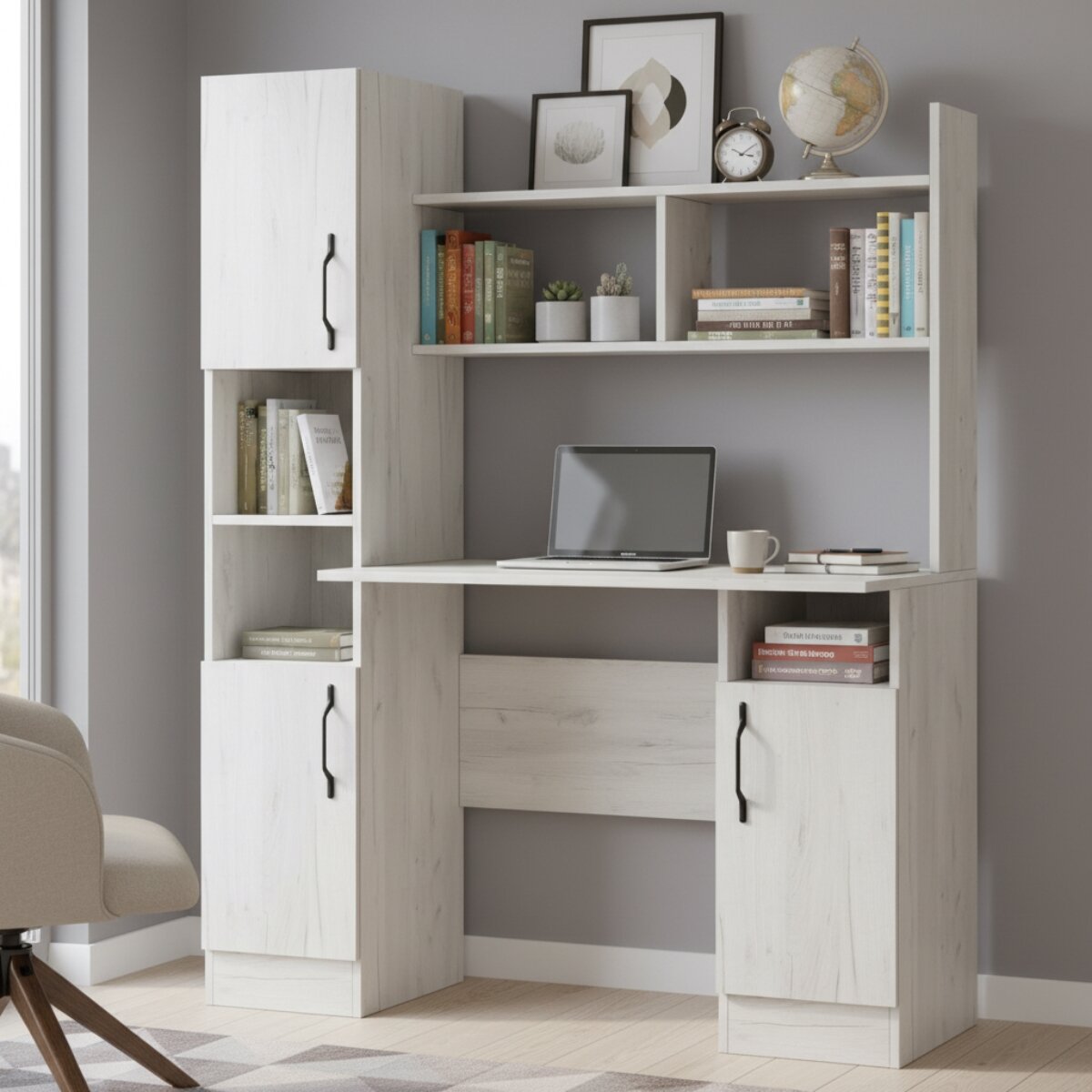 Стол письменный компьютерный ПКС-6 с пеналом и надстройкой (Дуб крафт белый) 123х160х57 см