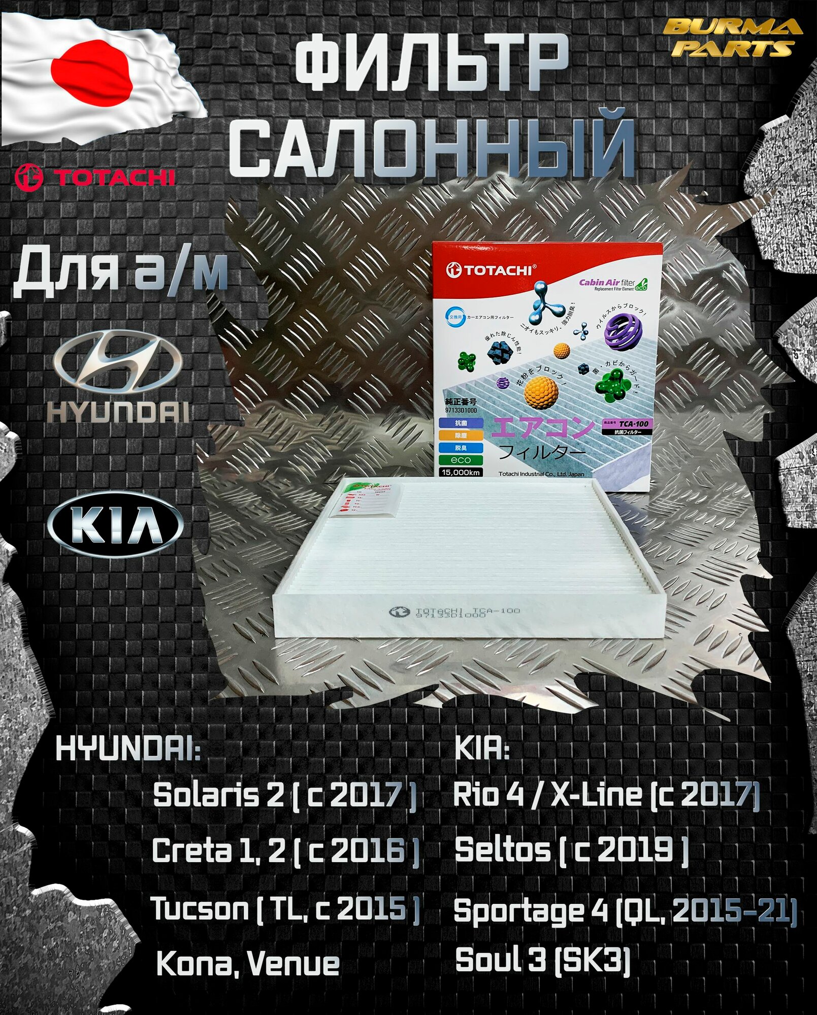 Фильтр салонный для Solaris 2, Creta, Tucson, Rio 4, Seltos, Sportage 4 TOTACHI TCA-100 OEM 97133J9000