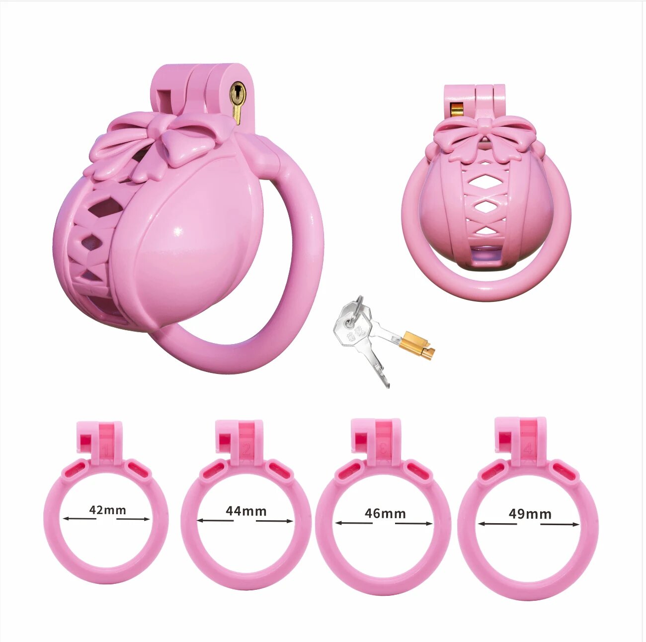 Розовый Sissy Chastity Cage с бантиком и 4 кольцами
