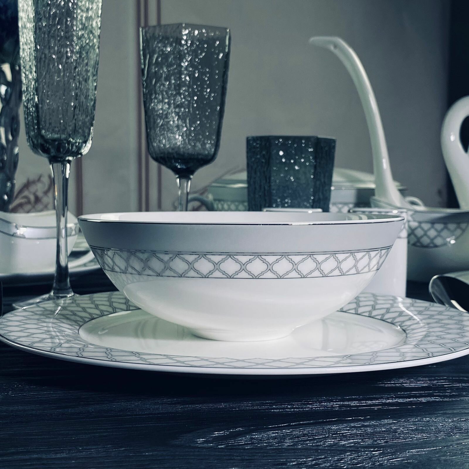 Салатник Lenardi версаль серебро 18 см, костяной фарфор, 1 шт глубокая тарелка для сервировки стола, блюдо