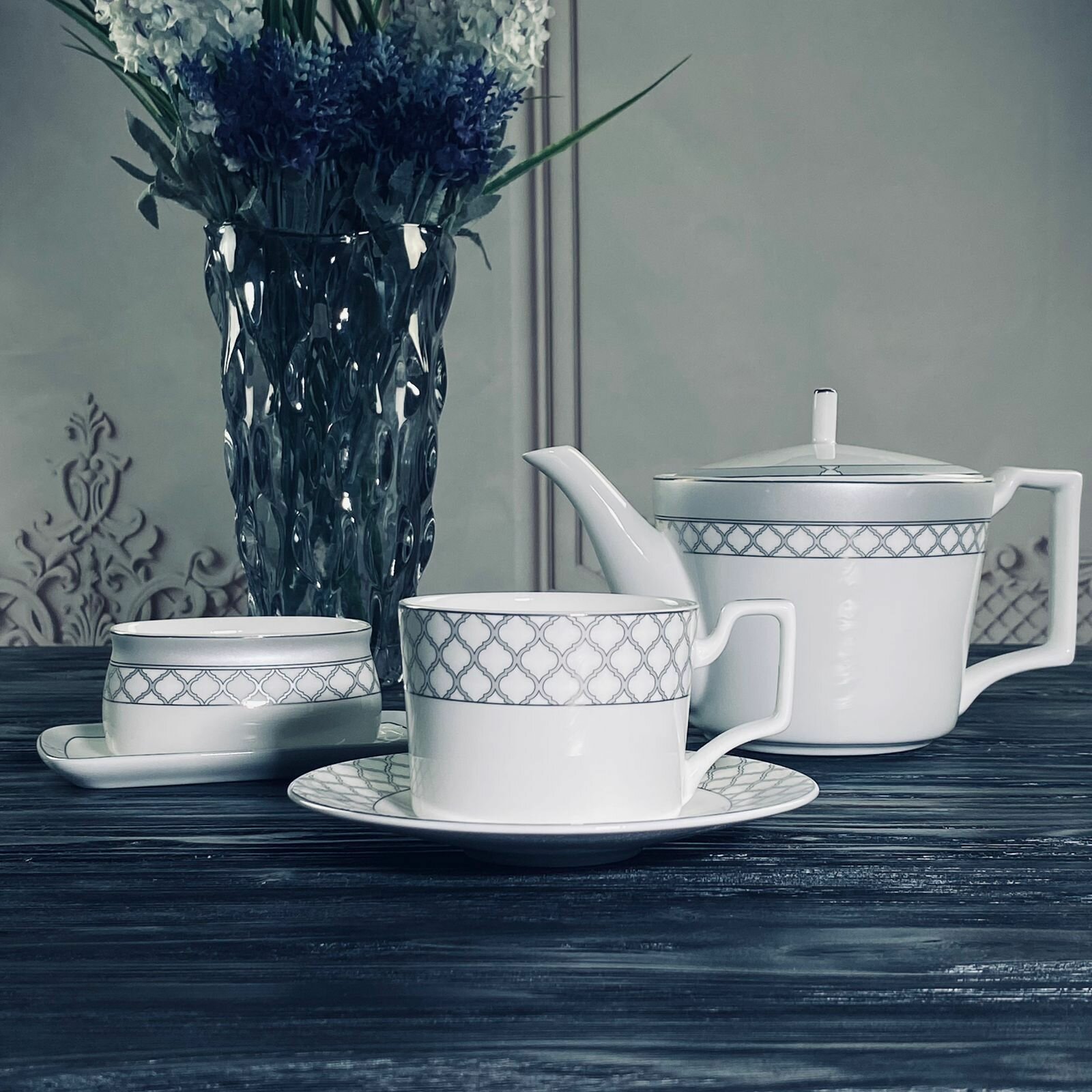 Чайный набор на 6 персон 12 предметов 6 чашек и блюдец 250 мл версаль серебро в подарочной упаковке Костяной фарфор Lenardi