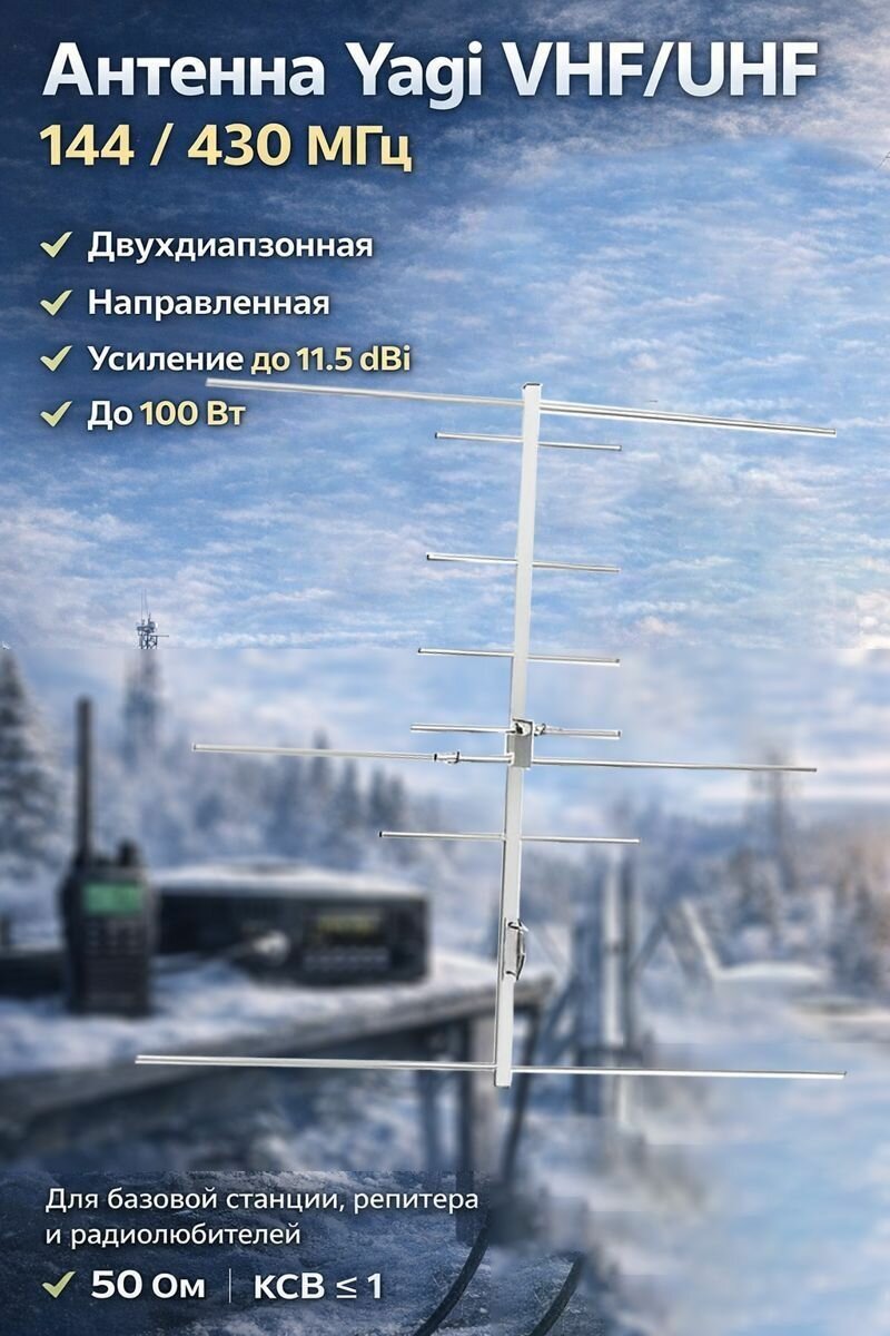 Антенна Yagi VHF/UHF двухдиапазонная, 145/435 МГц. Высокий коэффициент усиления для базовой станции и репитера. Крепежные элементы антенны