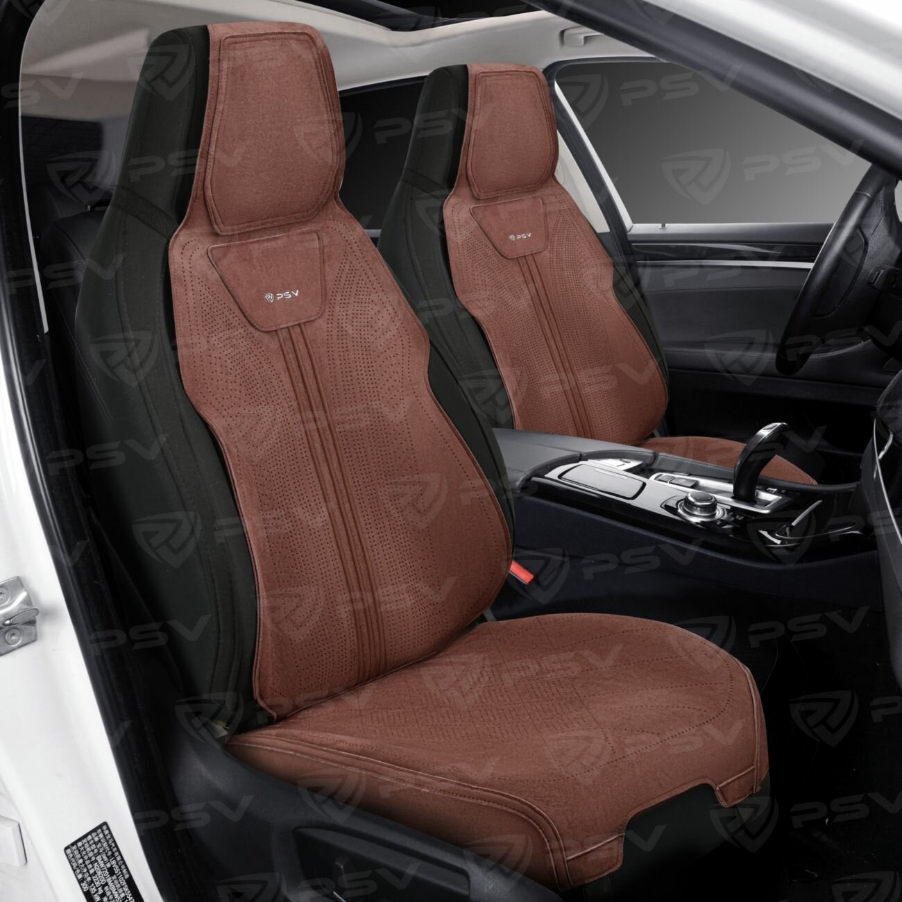 Накидка чехол на сиденье из алькантары в машину универсальная для сидений с литым подголовником премиум PSV Vertical FRONT (Темно-Коричневый)