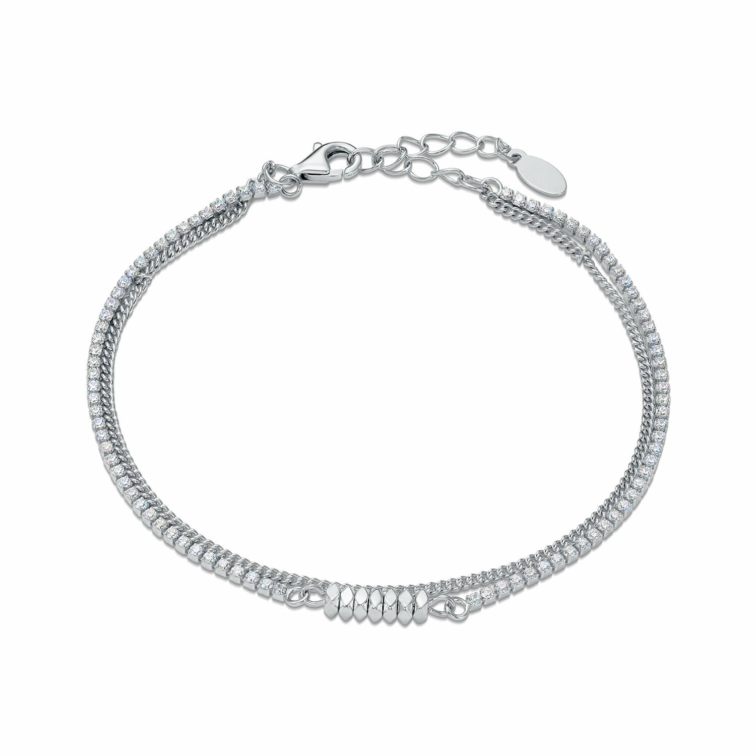 Браслет-цепочка, серебро, 925 проба, родирование, фианит