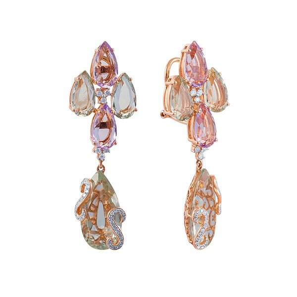 Серьги JV, красное золото, 585 проба, аметист, бриллиант