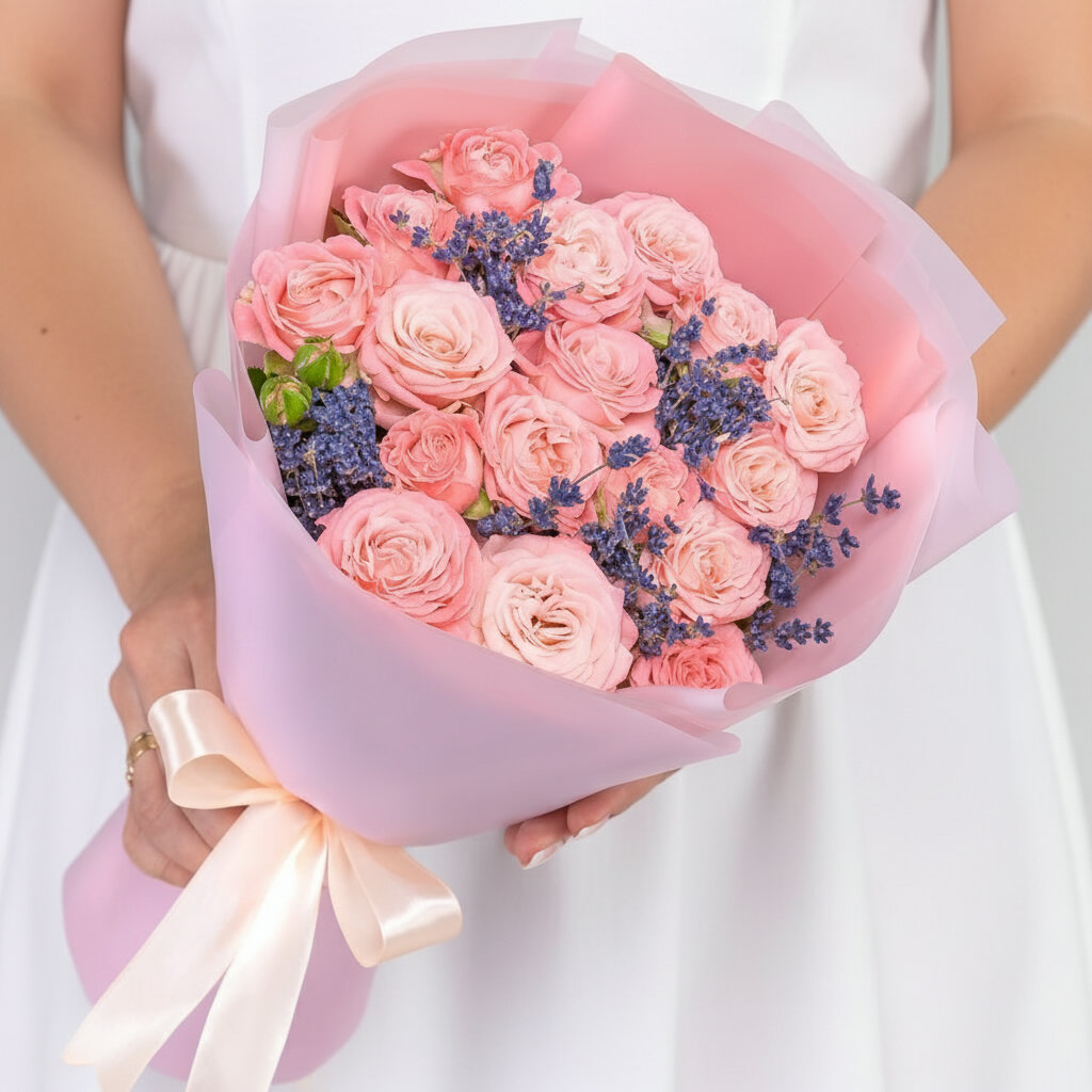 Дуо-букет "Роза Бомбастик и Лаванда", нежно-розовый/фиолетовый, в дизайнерской упаковке