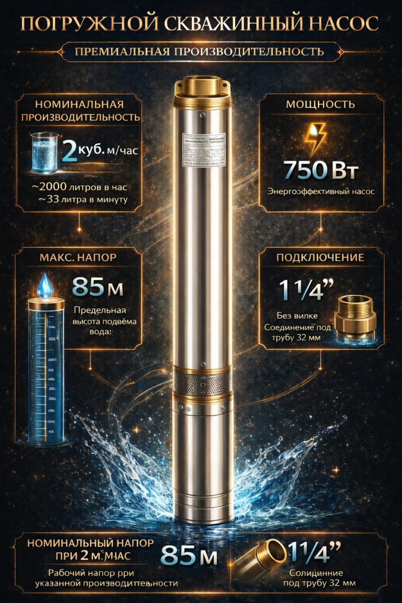 Насос скважинный SMS-75QJD224-0.75 (750Вт/85м макс/65м номинал/DN11/4') без кабеля