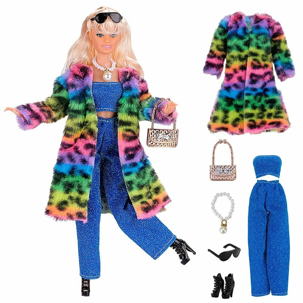 Комплект одежды, обуви, аксессуаров для Барби, голубое плюшевое пальто