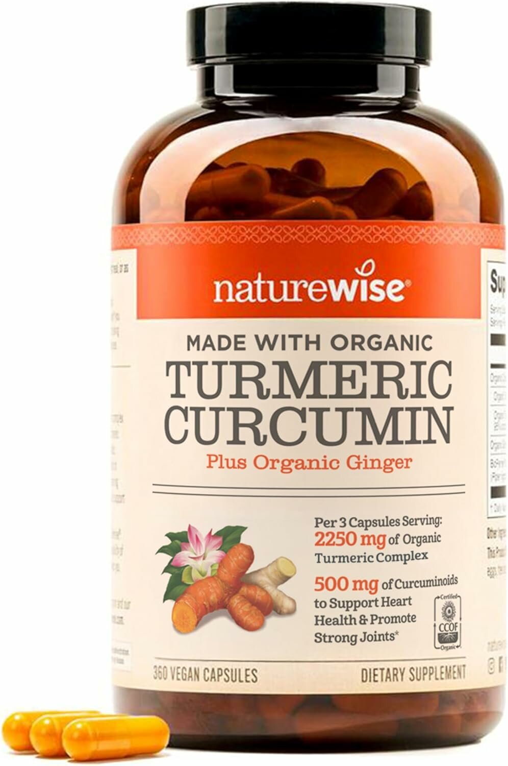 NatureWise Curcumin Turmeric 2250mg, куркумин из органической куркумы,360 веганских капсул из США