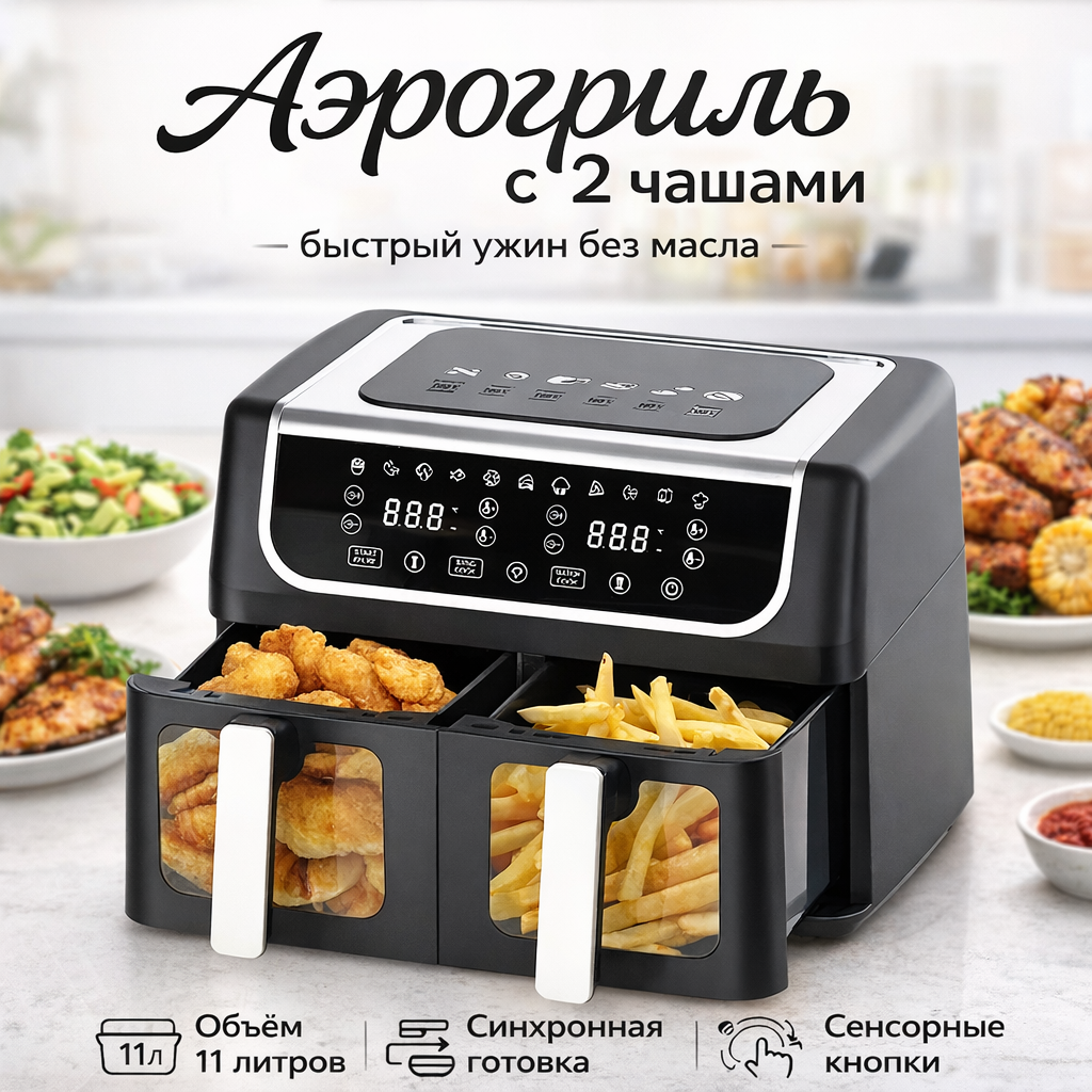 Аэрогриль Luma Bella, мощность 3000 ВТ, 2 чаши, 5,5 литров, 11 л, Умный сенсорный экран