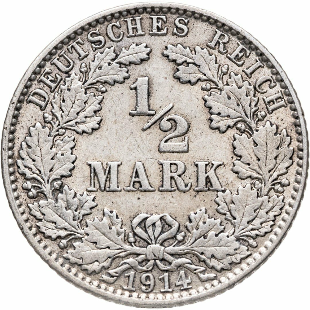 Германия 1/2 марки mark 1914 Знак монетного двора: "J" - Гамбург, Серебро 900, в сохранности XF-AU