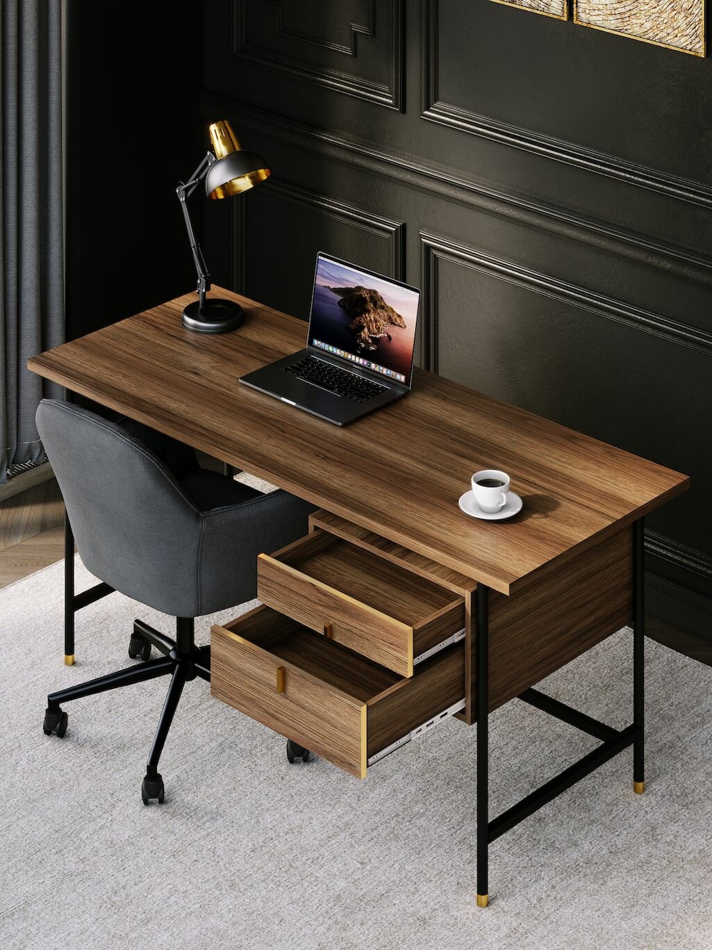 Стол Шелби160 см, МДФ+латунь, компьютерный, письменный с ящиками, с ящиками, Дуб Чарльстон темно-коричневый