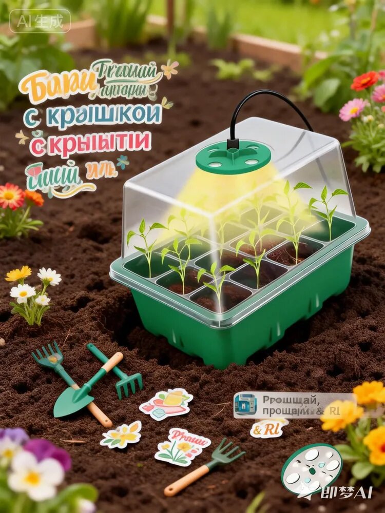 Парник, теплица Умная мини-теплица 2025 с LED-подсветкой (8 диодов) 12 ячеек + автовентиляция Для микрозелени/рассады/цветов 0.18х0.14х0.144м, ABS пластик